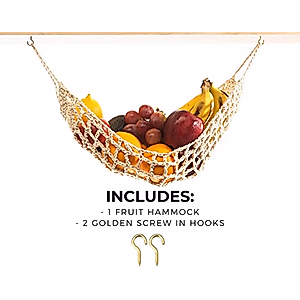 Hanging Fruit Hammock Under Cabinet - 1 Macrame Fruit Hammock Kitchen Under Cabinet, 2PCS Hooks - Handwoven Cotton Basket Storage for Produce, Banana - Boho Kitchen Decor For More Counter Space at Home Boat Camper RV