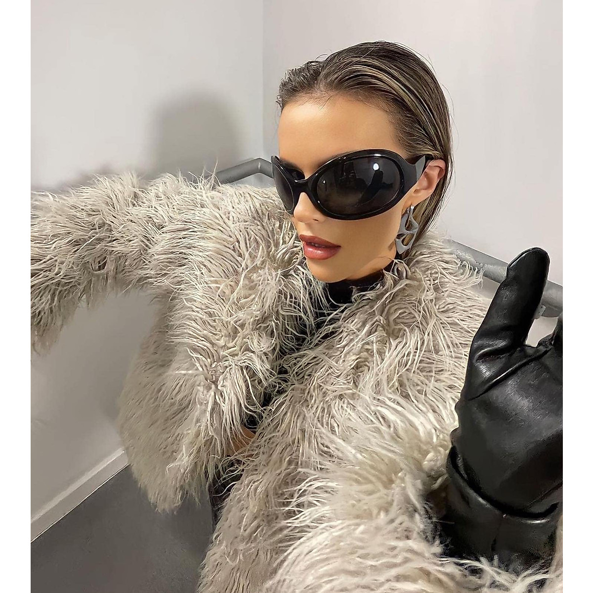 GUVIVI Oversized Fashion Sunglasses for Women Men Wrap Around Classic 90's Oval Black Sun Glasses Ladies Shades