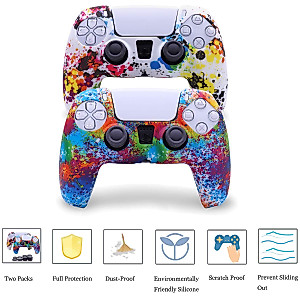Sofunii 2 Pack Silicone Controller Skins Anti-Slip Cover Case Protector Sleeve for PlayStation 5 /PS5 Controller with 8 x Thumb Grip Caps(Bright and Colorful)