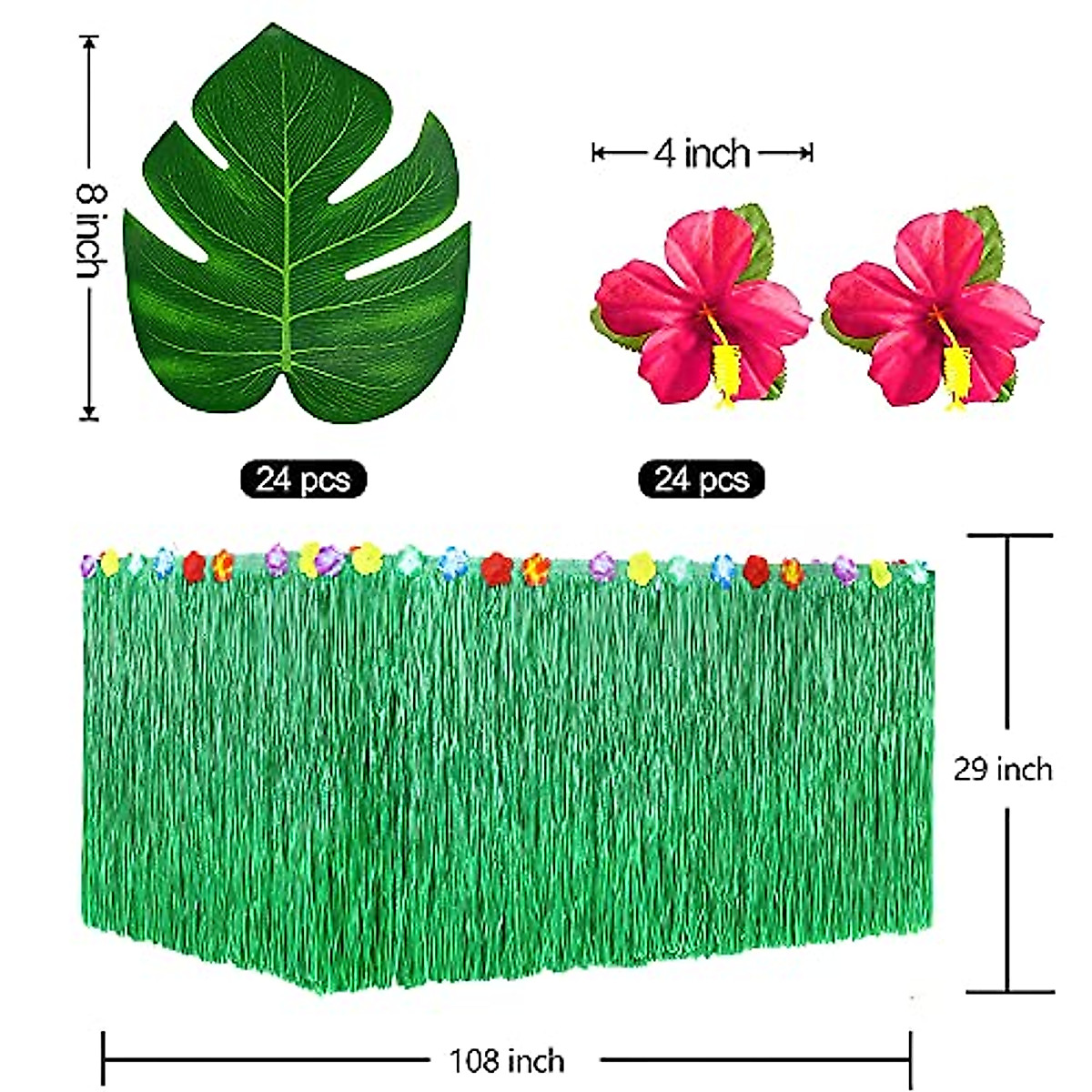 Hawaiian Tropical Party Decoration Pack with 9feet Hawaiian Grass Table Skirt, Hibiscus Flowers, Palm Leaves, Paper Pineapple, Hawaiian Beach Theme Party Favors Luau Party Supplies