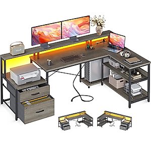ODK L Shaped Desk with File Drawer, 66" Reversible L Shaped Computer Desk with Power Outlet & LED Strip, Office Desk with Storage Shelves, Gaming Desk with Monitor Shelf, Corner Desk, Grey Oak