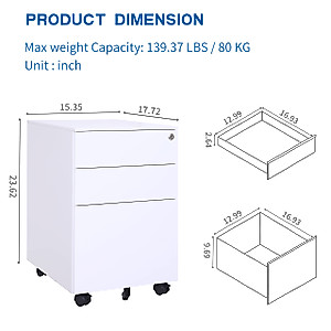 Majnesvon 3 Drawer Mobile File Cabinet with Lock Steel File Cabinet for Legal/Letter/A4/F4 Size, Fully Assembled Include Wheels, Home/Office Design, White+metal