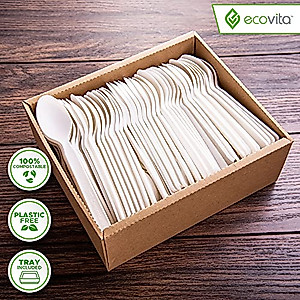 100% Compostable Spoons - 140 Large Disposable Utensils (6.3 in.) Eco Friendly Durable and Heat Resistant Alternative to Plastic Spoons with Convenient Tray by Ecovita