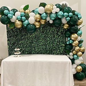 128Pcs Jungle Sarfari Balloon Garland Arch Kit, Double Stuffed Emerald Green Matellic Gold White Balloons with Artificial Palm Leaves for Wild One Animal Party Decorations Kids Birthday Baby Shower