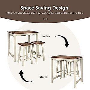 COSTWAY 3 Pieces Dining Set, Counter Height Pub Table Set with 2 Saddle Stools, Industrial Wood Breakfast Table Set for Bar, Kitchen, Living Room, Restaurant