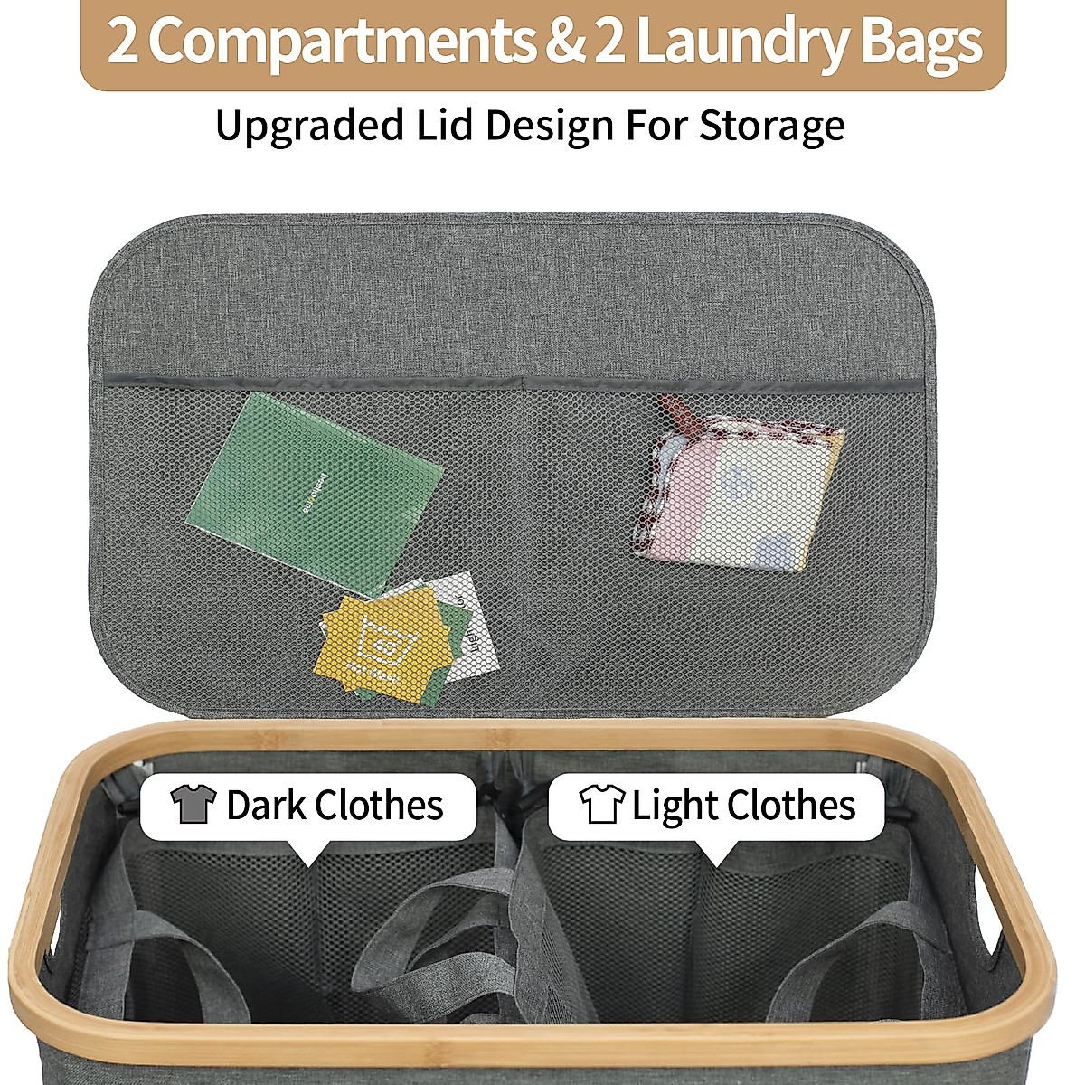 BESHOOME Grey Laundry Hamper with Lid, 140L Extra Large Laundry Basket, 2 Section Laundry Hamper, Laundry Hamper with Handle and Removable Bags, Double Laundry Hamper, Foldable Dirty Clothes Hamper