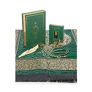 ihvan online Prayer Gift Set for Men & Women, Muslim Prayer Rug, Salah Mat, Beads Taasbih, Arabic Holy Quran, Islamic Gift Set for Ramadan & Eid, Green