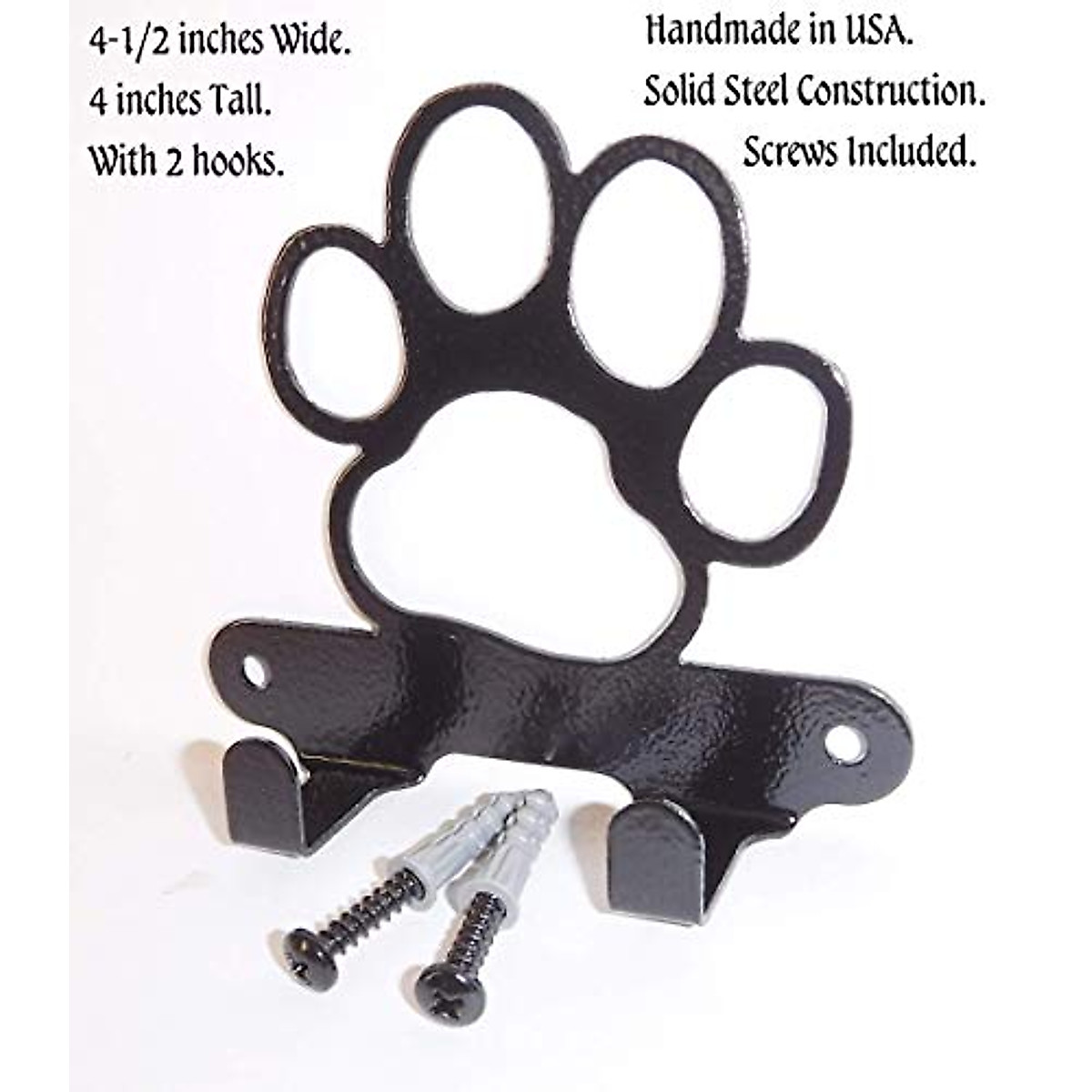 Dog Leash Hook Hanger. Dog Paw. Gloss Black Color. Made in USA. Solid Steel. Screws Included.