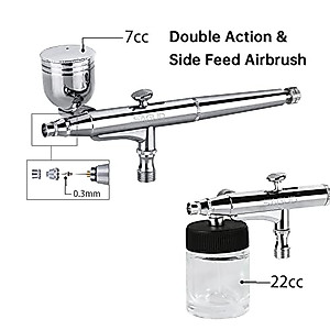 SAGUD Side Feed Airbrush Kit 0.3mm Double Action Air Brush Gun Set with 0.2mm 0.5mm Nozzles Needles Air Caps, Hose, Adapter, Mini Airbrush Filter for Art Painting