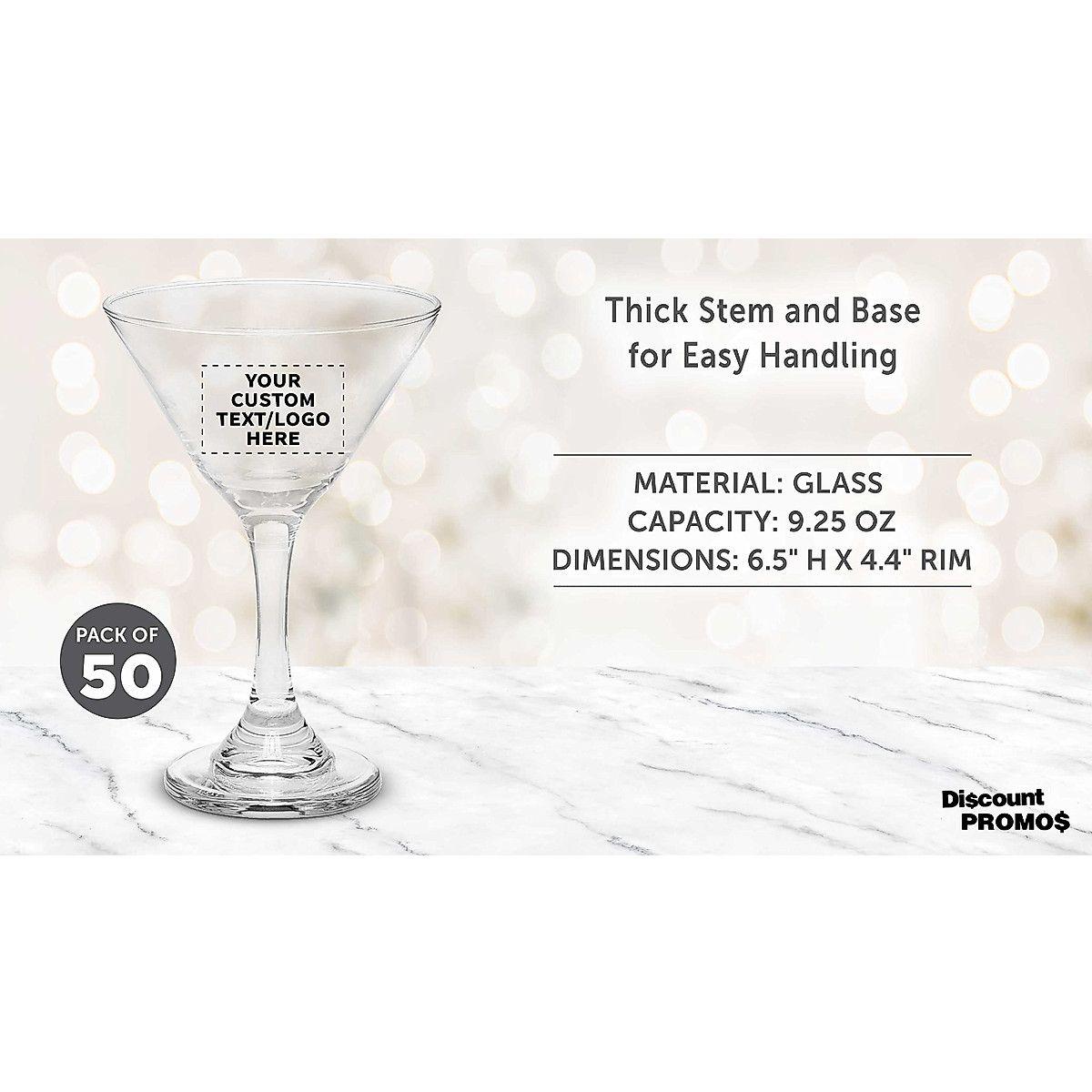 Custom Classic Martini Glasses 9.25 oz. Set of 50, Personalized Bulk Pack - Great for Cocktails, Wedding Favors, Party Favors, Events - Clear