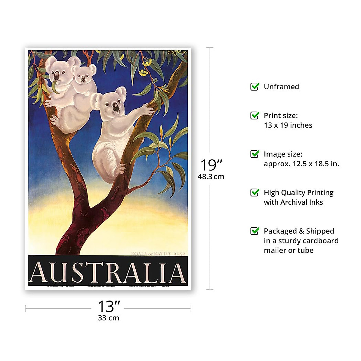 Australia - Koala Bears - Vintage Travel Poster by Eileen Mayo c.1956 - Master Art Print (Unframed) 13in x 19in