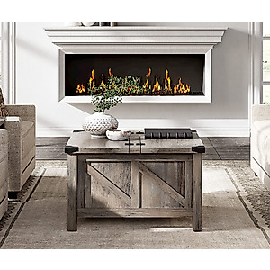 WAMPAT Farmhouse Sliding Barn Door TV Stand and Coffee Table Set of 2,Modern Storage Entertainment Center for TVs Up to 65'', Square Wood Center Table with Gas Struts Lift-Top for Living Room,Grey