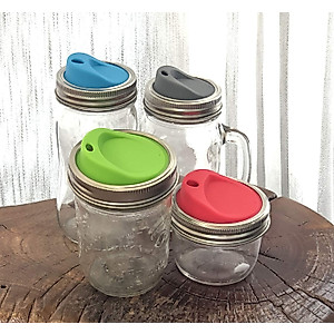 THINKCHANCES Reusable Food Grade and BPA Free Silicone Round Sip Coffee Juice Drinking Straw Lid Set with Stainless Steel Rings for Mason, Ball, Canning Jars, Pack of 4 Sets (Wide Mouth,Round Hole)