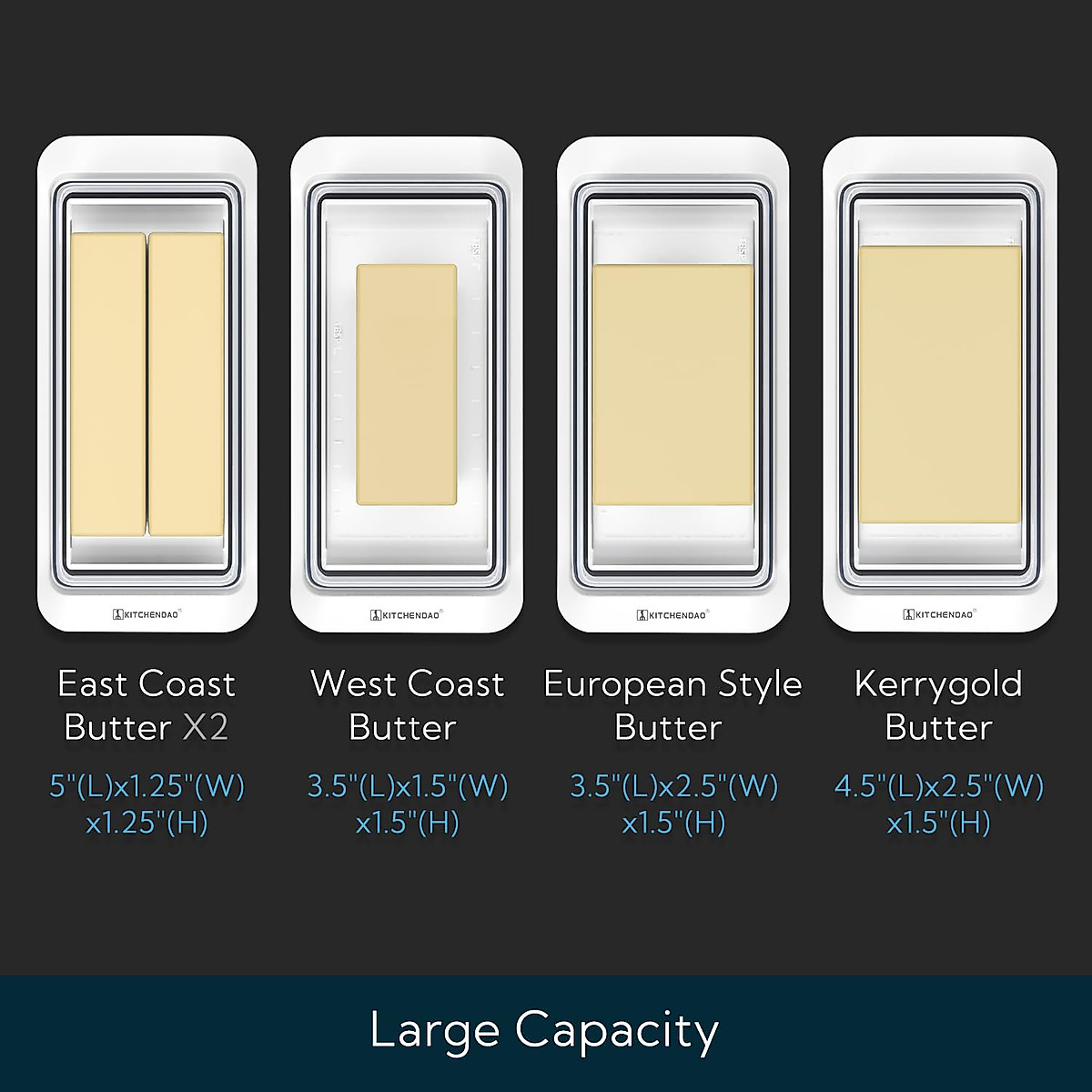 KITCHENDAO Large Airtight Butter Dish with Lid for Countertop and Fridge, Butter Keeper, Plastic Butter Holder Tray for 2 Sticks East Coast/West Coast/European Style/ Kerrygold Butter/ Cream Cheese