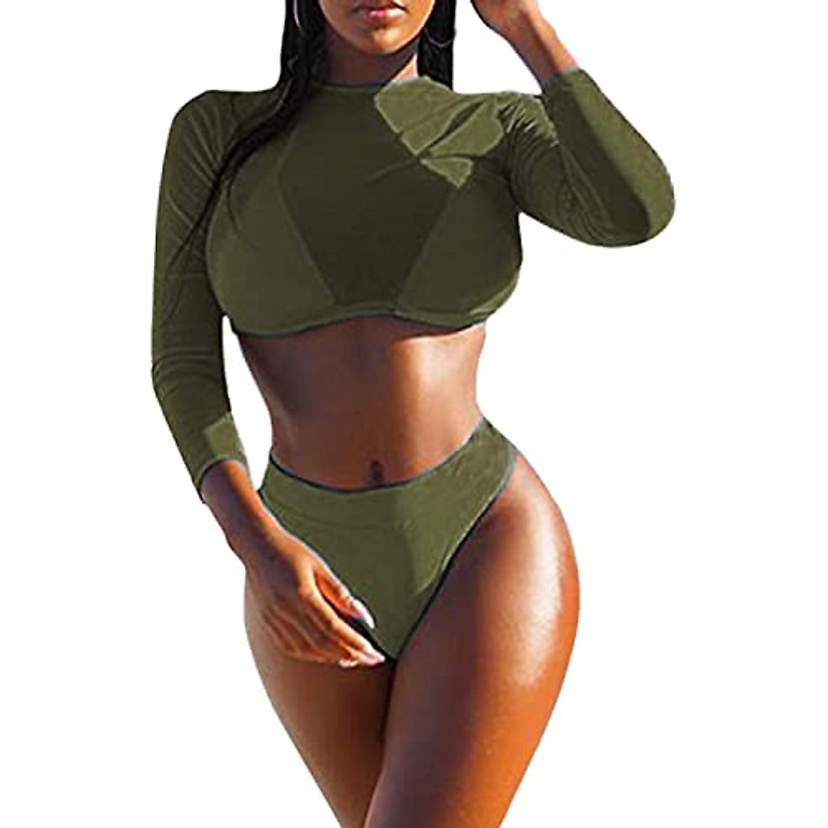 ALBIZIA Women's Sexy Brazilian Triangle Swimsuit 3 Piece Bathing Suit XL Army Green