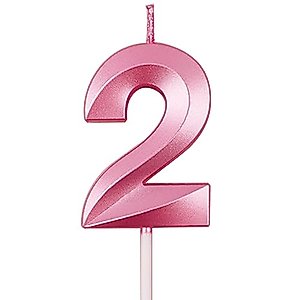 Number 2 Birthday Cake Candles, 3D Shape Number Birthday Candle, 2nd Birthday Cake Topper Decorations (Pink)