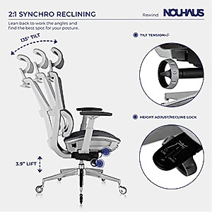 Nouhaus Rewind Ergonomic Office Chair with Footrest and Lumbar Support. Swivel Computer Chair, Rolling Home Office Desk Chairs with Wheels, Mesh High Back Task Chair, Comfortable Office Chair (Grey)