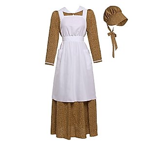 Vibsion Women Pioneer Colonial Dress Floral Prairie Dresses Pilgrim Costume Pioneer Trek Clothing Historical Dress 3Pcs