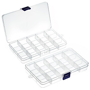 Thinp 2 Pack 15 Grids Bead Organizers and Storage Bead Containers Bead Organizer Box Plastic Jewelry Organizer Box Clear Organizer Box with Removable Dividers for Beads Earring Crafts