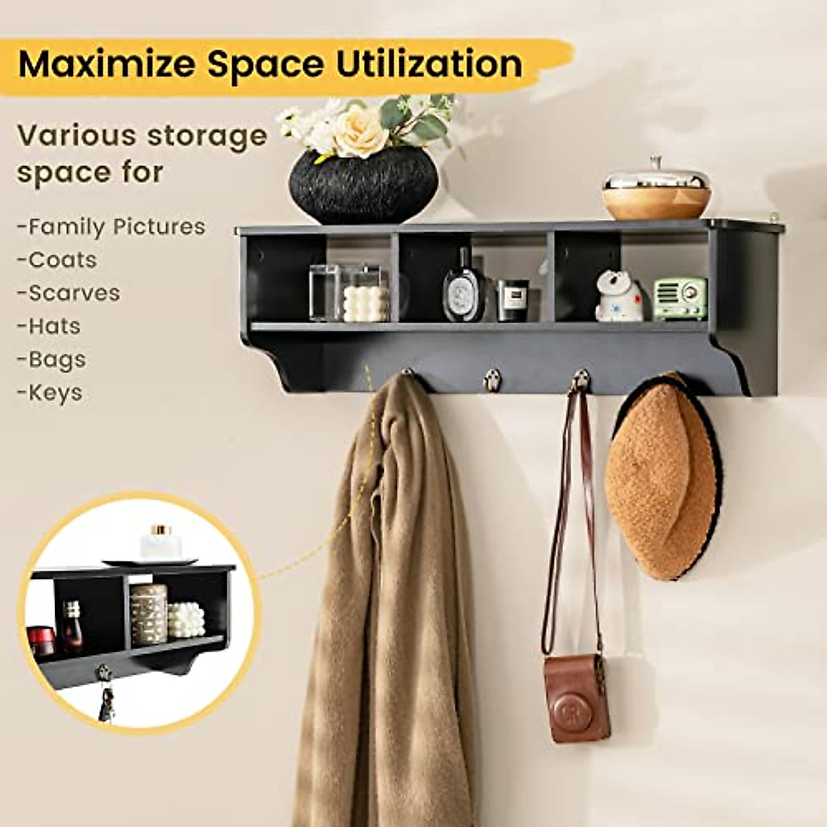 Giantex Hanging Shelf with Hooks Wall Mount Cubby Organizer with 4 Dual ...