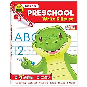 School Zone Write & Reuse Workbook for Preschool: Reusable Wipe-Clean Spiral Bound Learn and Practice Writing Book, Dry Erase Marker, ABC’s, Shapes, and More