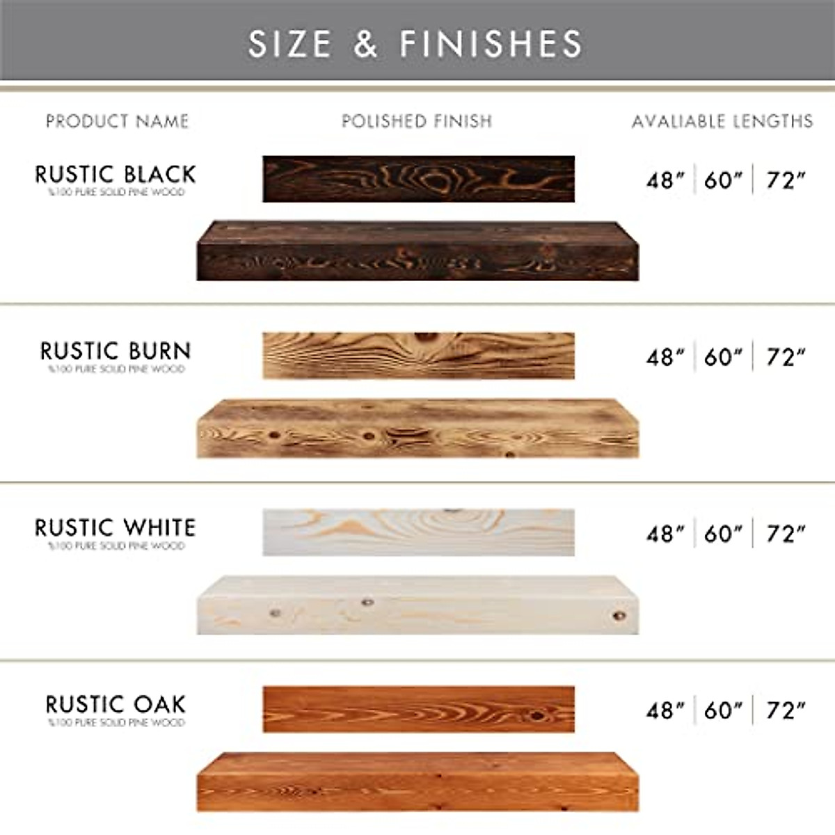 BODRUM WOODEN Beam Wood Shou Sugi Ban Fireplace Shelf Mantelpiece Shelving Water-Based Paint Floating Cottage Solid Easy Install Real Tree Handmade (Rustic Burn, 72'')