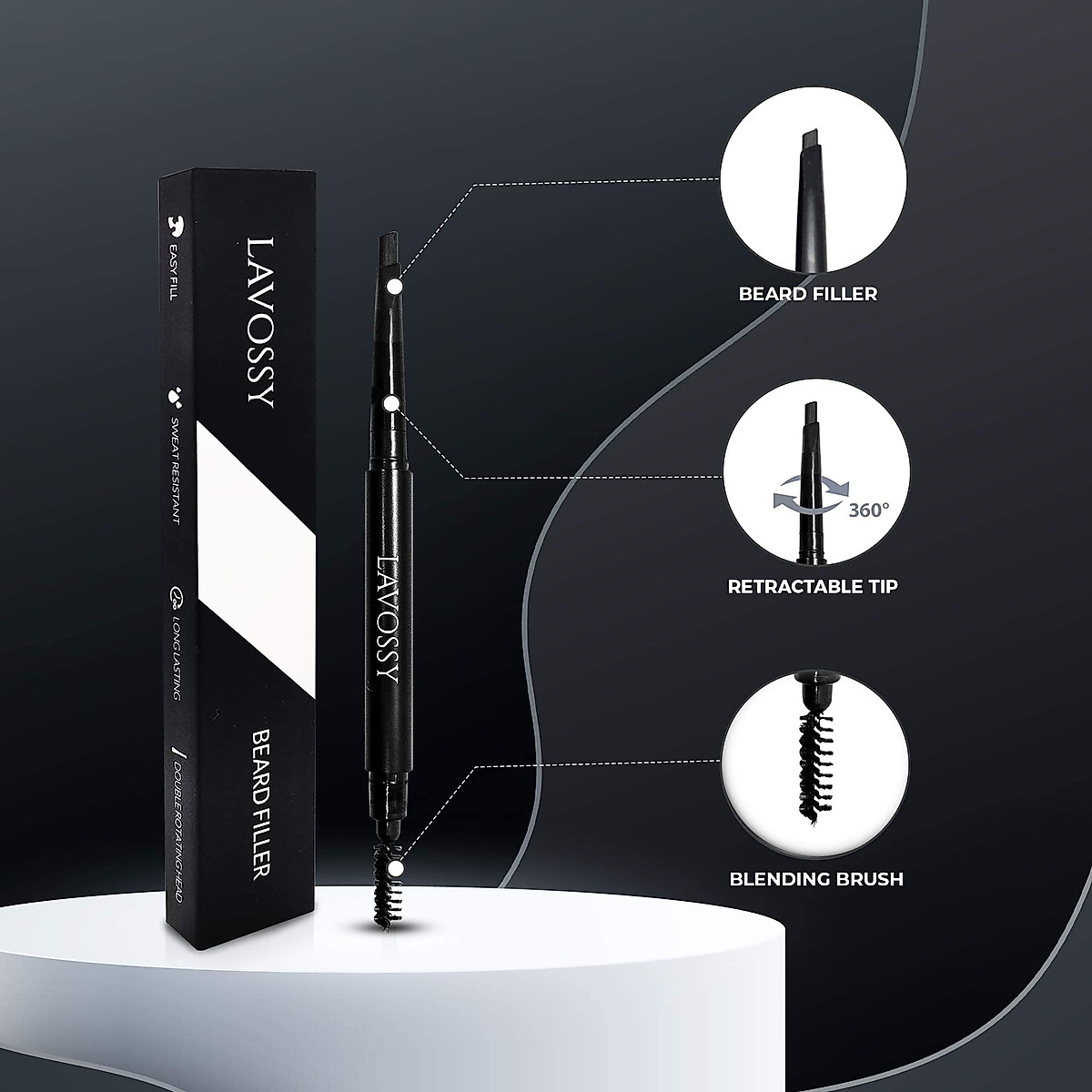 LAVOSSY Beard Pencil Filler for Men - Long Lasting and Easy to Use Beard Pen with blending brush results in a sleek & natural look, Water/Sweat Proof beard filler (1 Count (Pack of 1), Black)