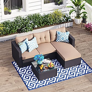 PHI VILLA Patio Sofa Set,3 Pieces All-Weather Upgrade Wicker Outdoor Sectional Sofa,L-Shaped Small Patio Conversation Furniture Set with Cushion and Coffee Table(Beige)