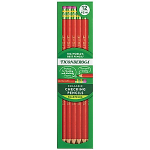 Ticonderoga Erasable Checking Pencils with Eraser, Pre-sharpened, Red, 12-Pack (14259)