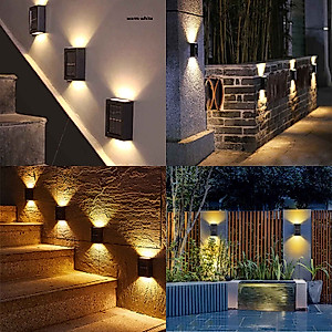 2 LED Solar Wall Light UP and Down Illuminate Outdoor Sunlight Sensor Lamp IP65 Waterproof Modern Nordic Style Decor for Home Garden Porch, Black