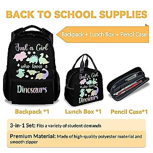 Dinosaur Backpack with Lunch Box and Pencil Case Set, 3 in 1 Matching Boys Girls Pink Backpacks Combo, Cute Bookbag and Pencil Case Bundle