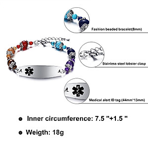 Medical Alert Bracelets for Women & Men | Medical ID Bracelets for Men & Women | Customize Colorful Beads Medical Bracelet | Stainless Steel Plate | Adjustable 7.5-9.0"