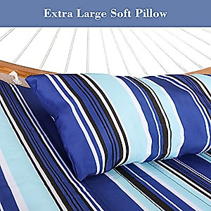 SUNCREAT Double Hammock with Stand Included, Portable Hammock with Stand and Large Pillow, Blue Stripes