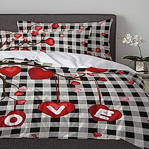 3 Pieces Bedding Set Twin Size, Valentines Soft Durable Duvet Cover Set Comforter Cover Set with Zipper Closure&Corner Ties All-Season Breathable Bedding Set Red Love Heart Tree Black and White Plaid