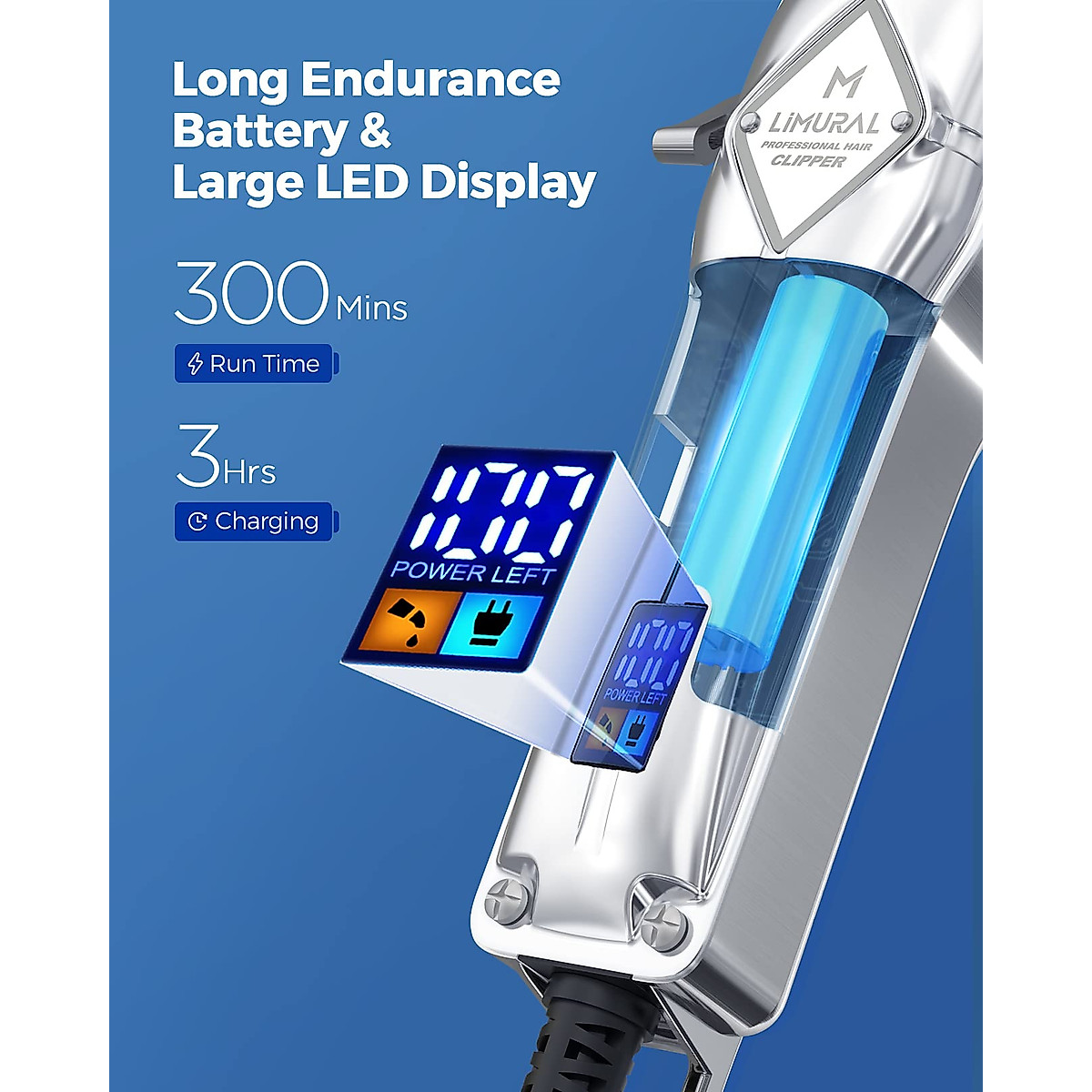 Limural Hair Clippers for Men Professional - Cordless Barber Clippers for Hair Cutting & Grooming, Rechargeable Beard Trimmer with Large LED Display & Silver Metal Casing