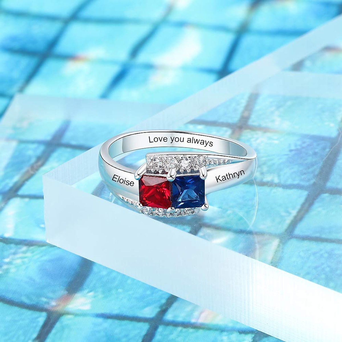 Jessemade Personalized Sterling Silver Couples Promise Rings for Her Engagement Wedding Rings for Women Mothers Mom Jewelry with 2 Simulated Birthstones (7.5)