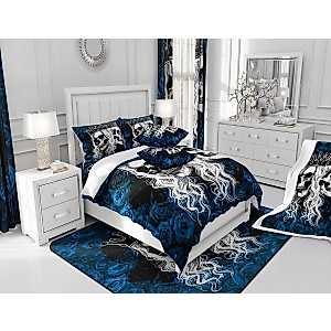 Manfei Gothic Skull Duvet Cover Set King Size, Skeleton Couple Comforter Cover with 2 Pillowcases, Blue Rose Flower Bedding Set 3pcs for Kids Boys Girls Adults Room Decor Lightweight Bedspread Cover