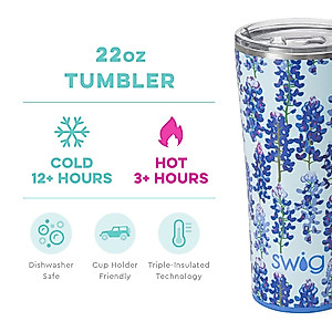 Swig Life 22oz Tumbler, Insulated Coffee Tumbler with Lid, Cup Holder Friendly, Dishwasher Safe, Stainless Steel, Large Travel Mugs Insulated for Hot and Cold Drinks (Bluebonnet)