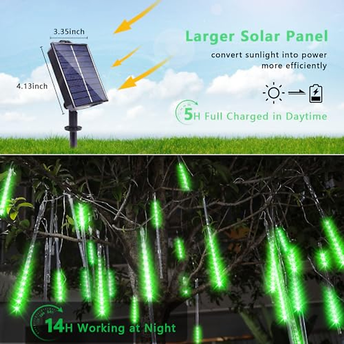 Blingstar Halloween Lights Solar Christmas Lights 16Inch 10Tubes 360LED Meteor Lights Outdoor Waterproof Falling Rain Lights Halloween Decoration Lights for Tree Fence House Patio Party, Green