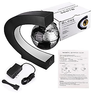 Floating Globe with LED Lights and Touch Switch C Shape Magnetic Levitation Floating Globe World Map for Desk Decoration (Black_Silver)