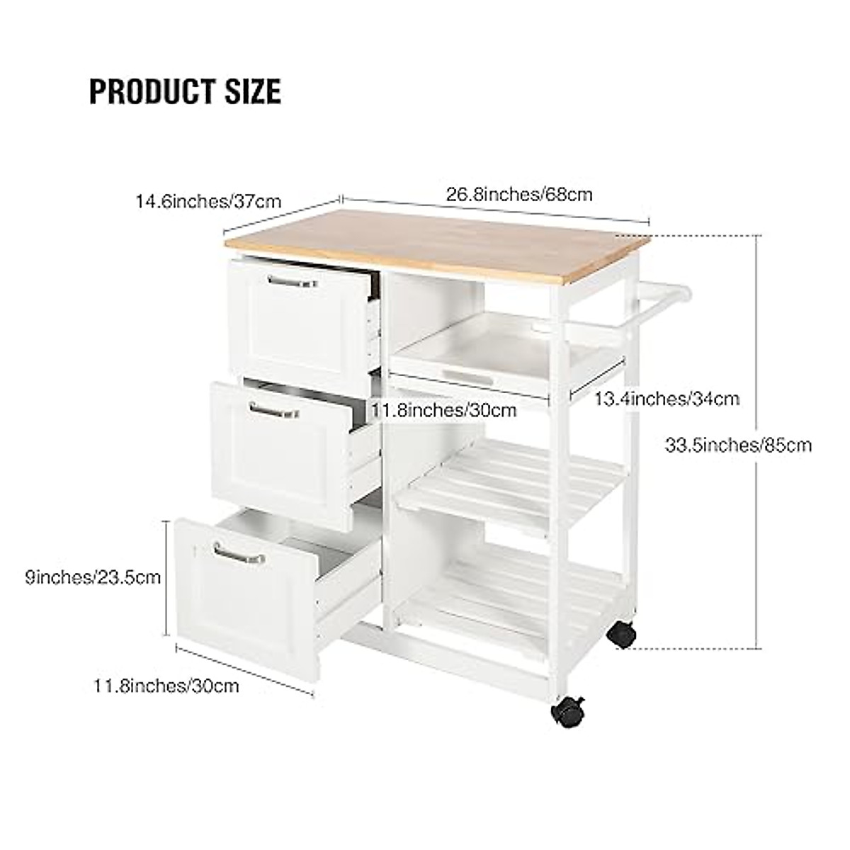 AKVOMBI Rolling Kitchen Island Cart with Wood Countertop, White Kitchen Trolley Carts on Wheels with 3 Drawers, Towel Rack, Adjustable Shelves