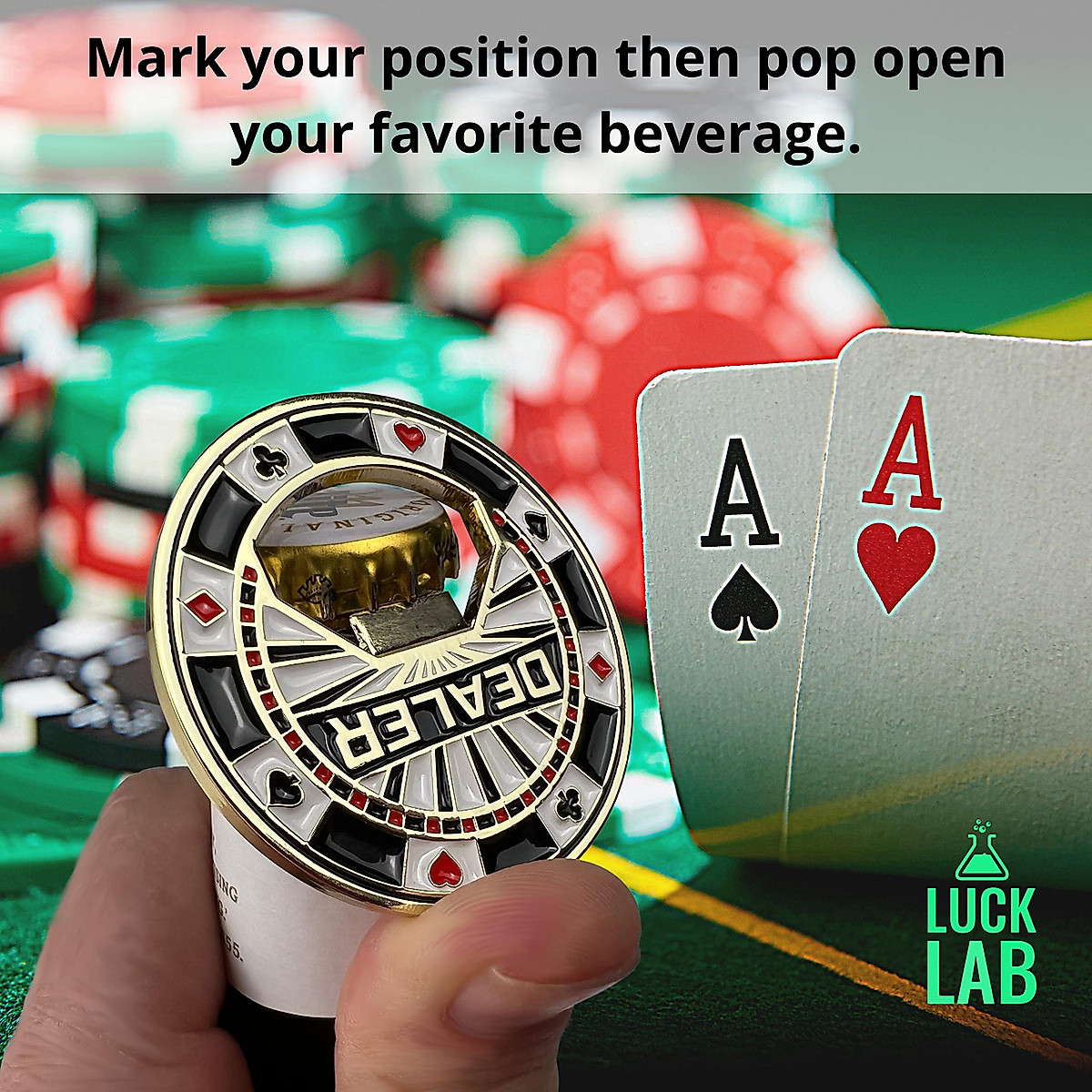 Luck Lab Set of 3 Metal Bottle Opener Poker Buttons - Dealer Button, Big Blind and Small Blind Metal Weights (Position Markers) for Texas Hold Em - 2 inch