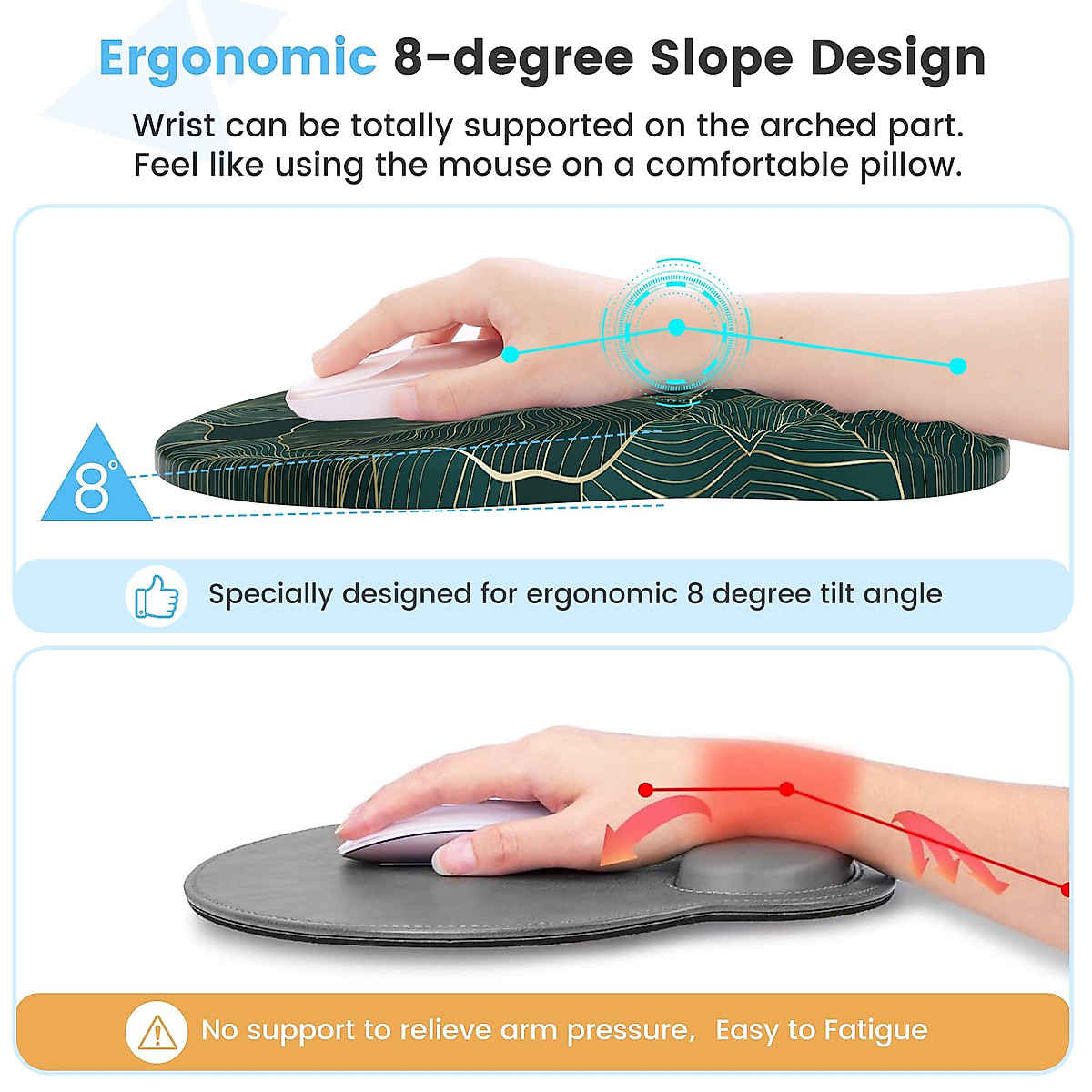 HAOCOO Ergonomic Mouse Pad with Wrist Rest and Keyboard Wrist Rest, 3 PCS Computer Carpal Tunnel Mouse Pads Set for Desk with Coaster, Memory Foam Mousepad Support for Office Laptop, Green Palm Leaves