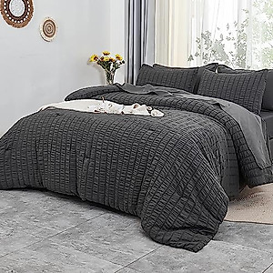 AveLom Dark Grey Comforter Queen Size Set with Sheets - 7 Pieces Bed in a Bag Seersucker Complete Bedding Set, All Season Lightweight Bed Set with Comforter, Sheets, Pillowcases & Shams