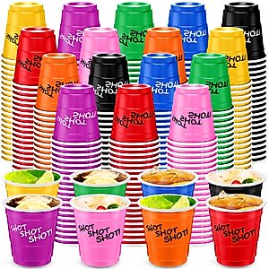 Lounsweer 200 Pack Plastic Shot Glasses, 2 oz Mini Disposable Shot Cups, Small Plastic Cups for Wedding Bachelorette Birthday Holiday Party, Beer Taste Serving, Snack(Multicolored)