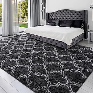 Hutha 6x9 Shag Large Area Rugs for Living Room, Dark Grey and White Modern Super Soft Bedroom Carpet, Moroccan Luxury Geometric Plush Fluffy Rug for Kids Nursery Girls Room Indoor Home Decor