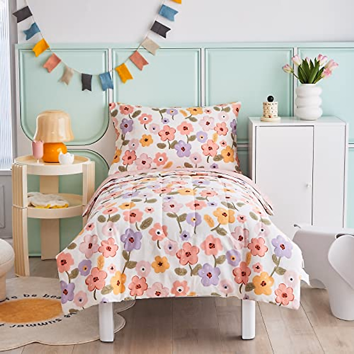 Cotton 4 Pieces Pink Flowers Toddler Bedding Set with Pink Orange Purple Flowers Includes Adorable Quilted Floral Comforter, Pink Fitted Sheet, Top Sheet, and Pillow Case for Boys Girls