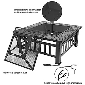LEAYAN Garden Fire Pit Grill Bowl Grill Barbecue Rack 32In Outdoor Fire Pit Metal Square Firepit Patio Stove Wood Burning BBQ Grill Fire Pit Bowl with Spark Screen Cover, Poker