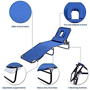 ReunionG Folding Bench Chair with A Hole for Face Down, Adjustable Chaise Lounge Chair with 4-Level Reclining Positions and Removable Pillows, Outdoor Recliner Chair for Beach, Pool, Lawn and Patio