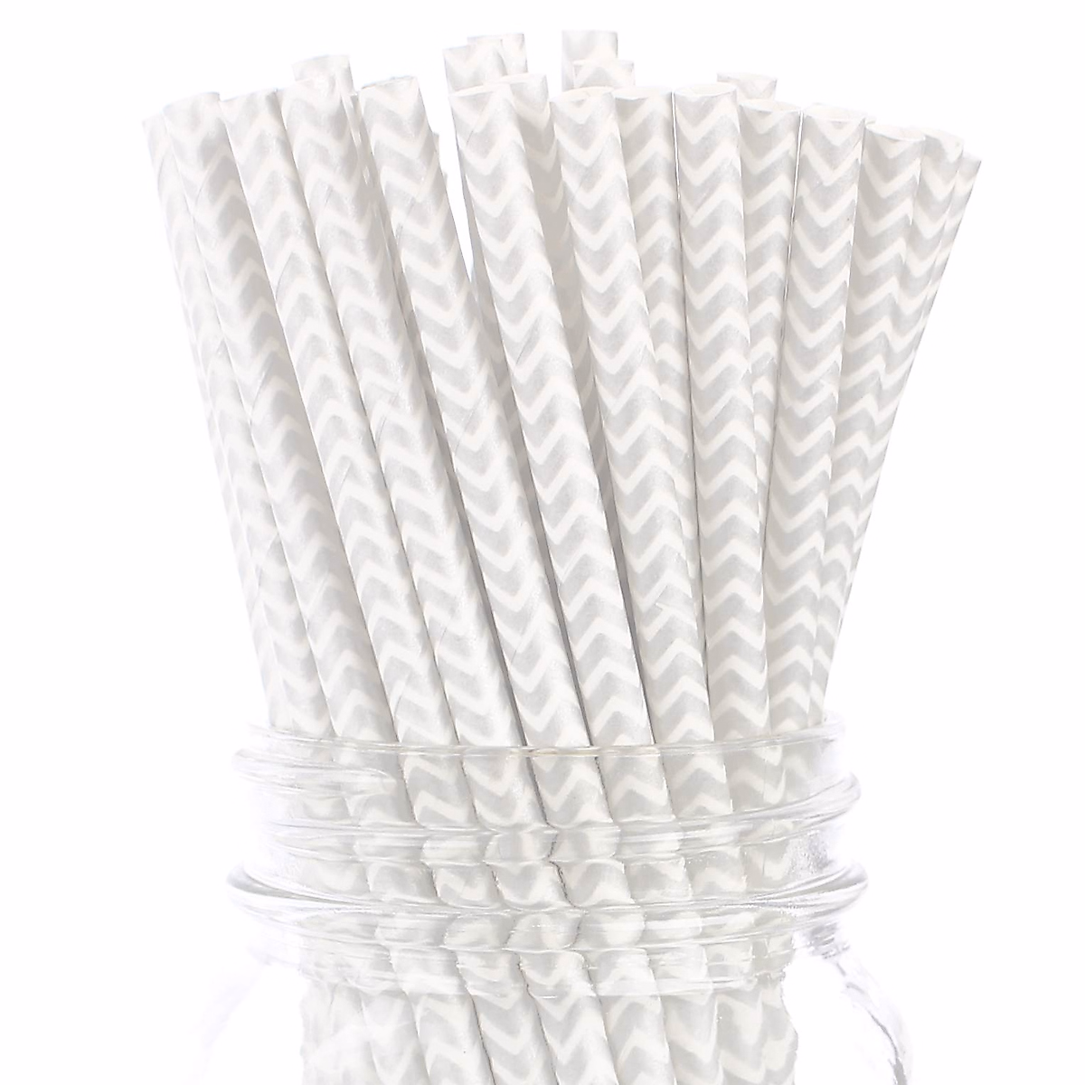 CleverDelights Silver Chevron Paper Straws - 100 Straws - Biodegradable Eco-Friendly Drinking Straws